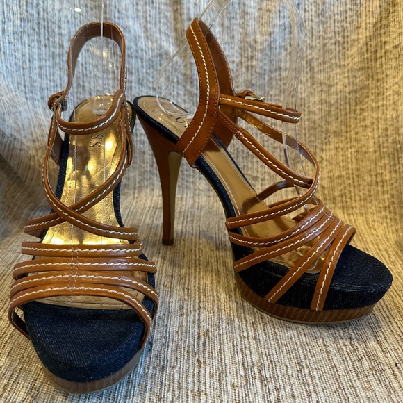 Guess | Shoes | Guess Strappy Platform High Heelswood Denim Bases Brown ...